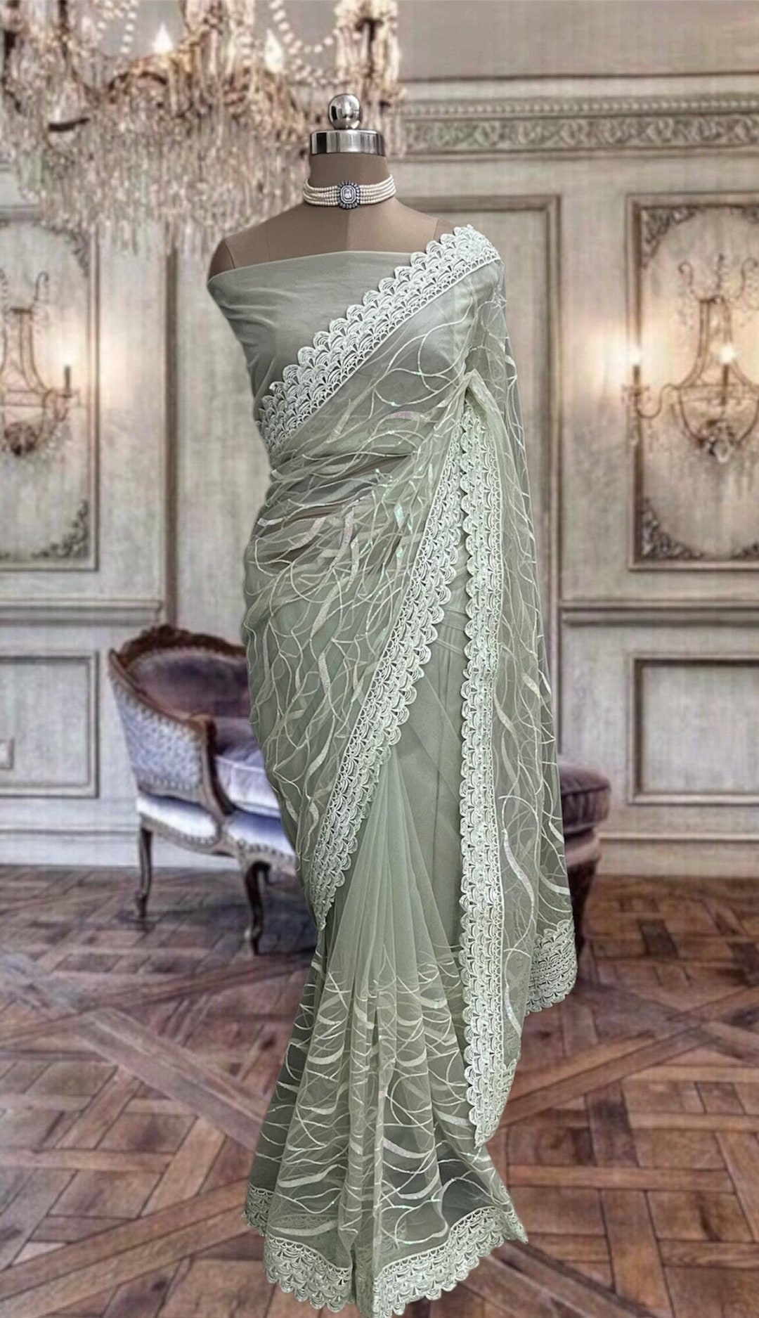 Pale Green Net Saree With Sequins Work and Chrochet Lace and Running ...