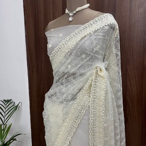 Beautiful Cream Net Saree With Sequins Work and Running Blouse Piece - Etsy