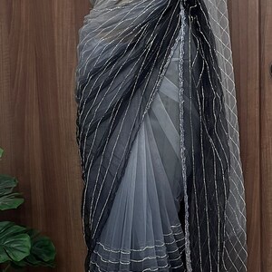 Shaded Grey-black Hand Embroidered Net Saree With Running Embroidered ...