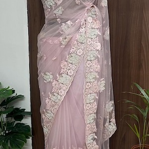 Pastel Pink Net Saree With Thread and Stone Work and Running Blouse ...