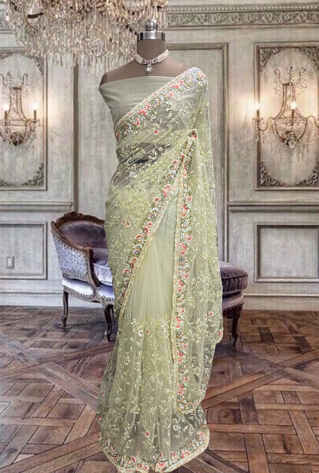 Beautiful Lime Yellow-green Net Saree With Thread and Sequins Work and ...