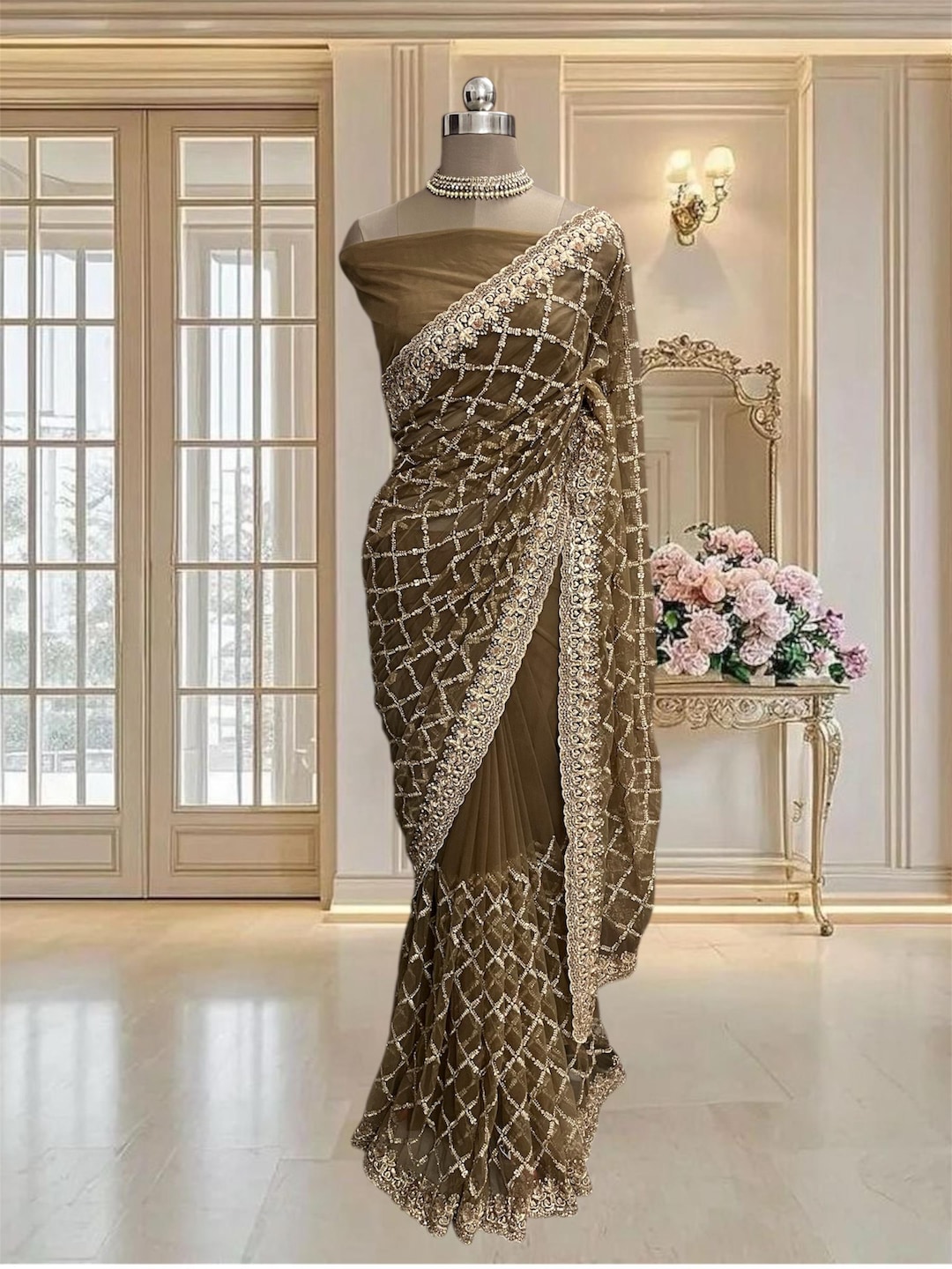 Beige Gold Net Saree With Zari and Sequins Work, Includes a Running ...