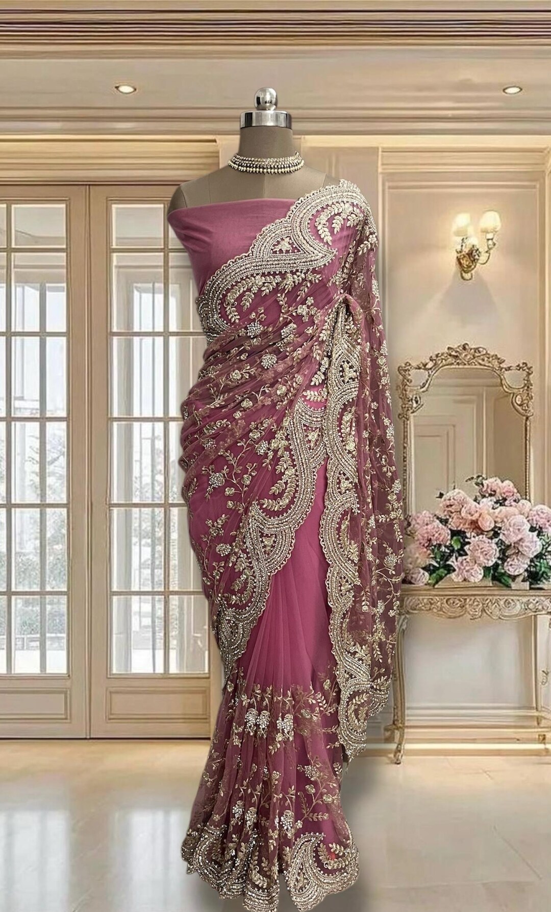 Dusty Rose Pink Net Saree With Subtle Gold Zari and Stone Work and ...