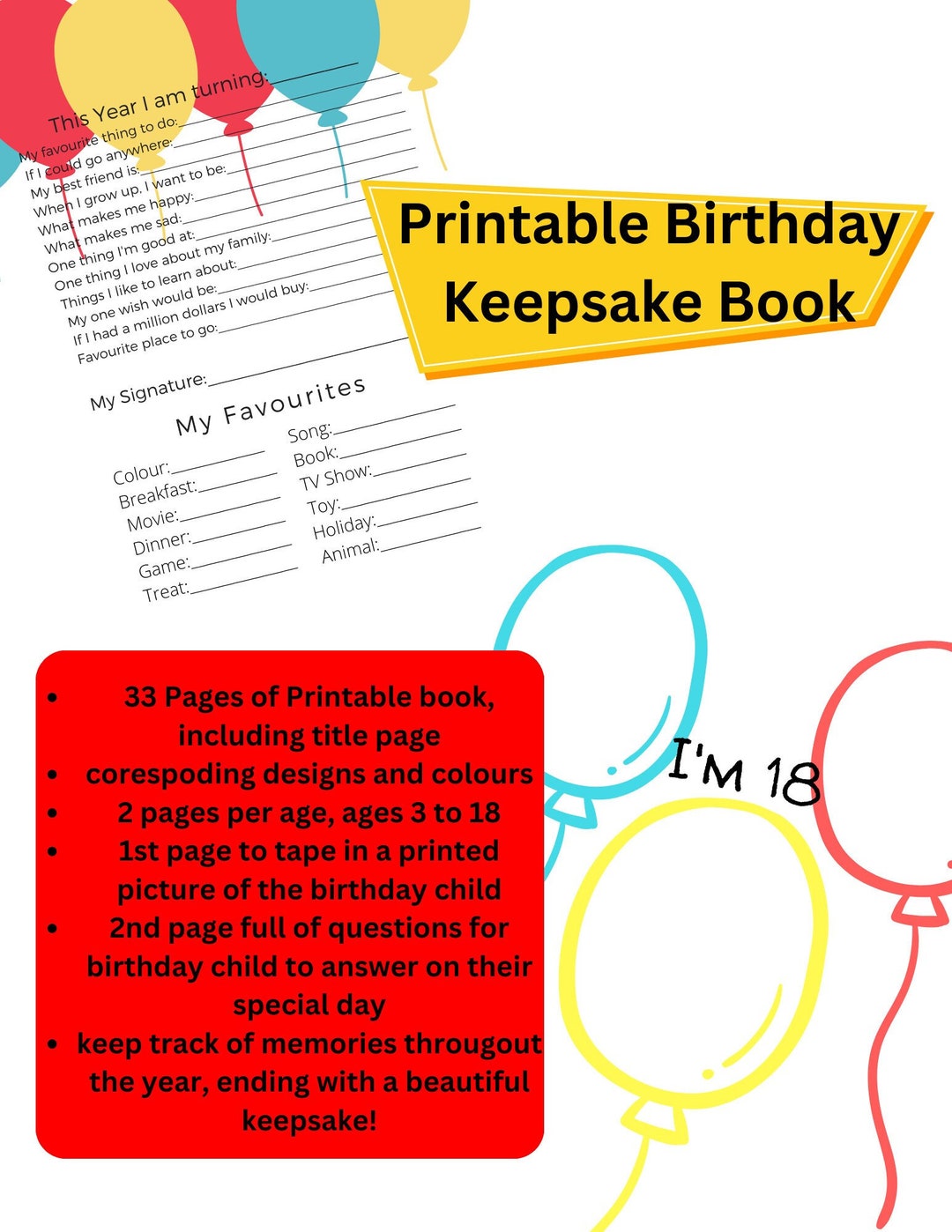 Printable Birthday Keepsake Book, Record Interesting Facts About the ...