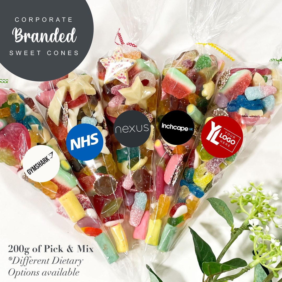 Corporate Branded Sweet Cones 200g With Custom Company Stickers ...
