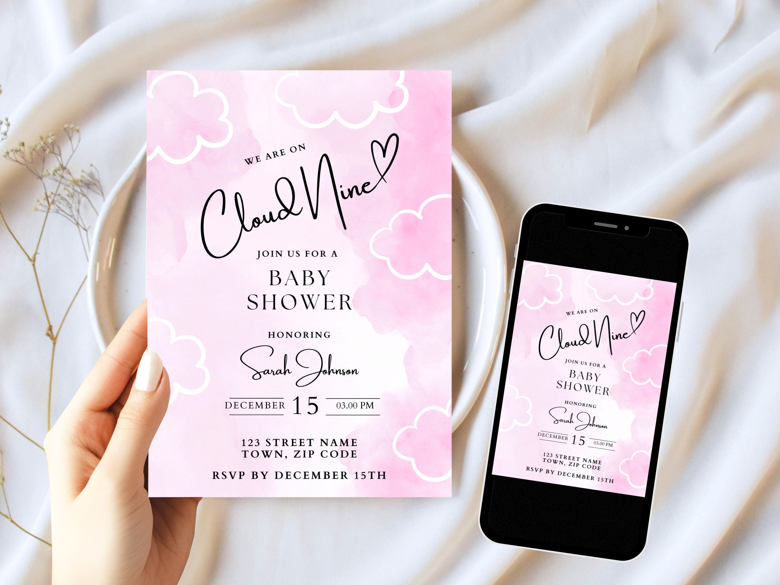 Cloud Nine Baby Shower Invitation Template, Printable Pink Clouds Girl ...
