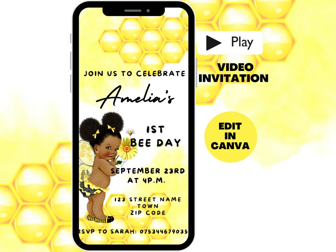 Animated First Bee Day Birthday Invitation, Cute Afro Baby Girl 1st ...