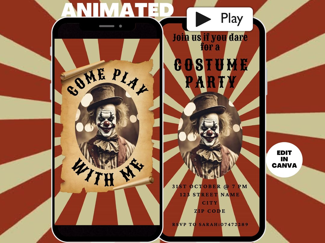 Animated Circus Clown Halloween Invitation Template, Creepy Costume ...
