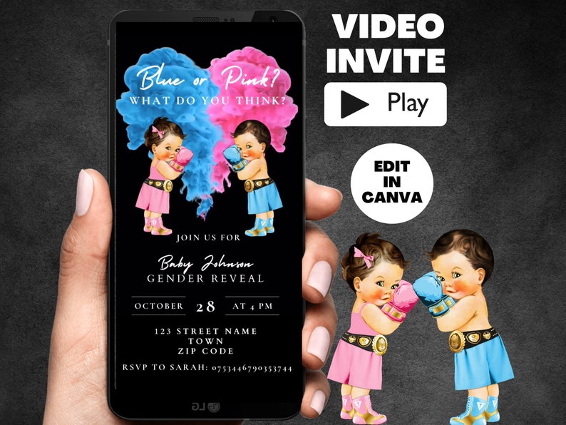 Animated Boxing Knockout Theme Gender Reveal Invitation Video, Cute Babies and Smoke Invite ...
