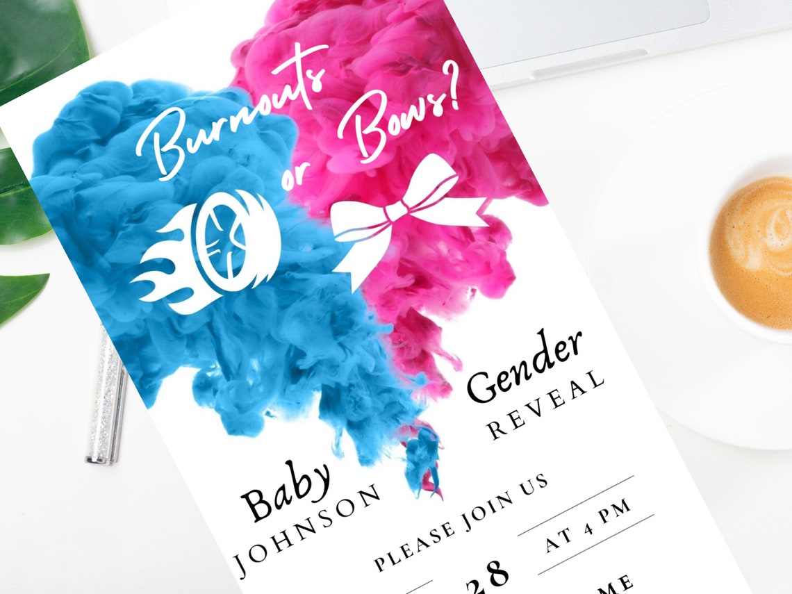Burnouts Or Bows Gender Reveal Invitation Template Digital Etsy