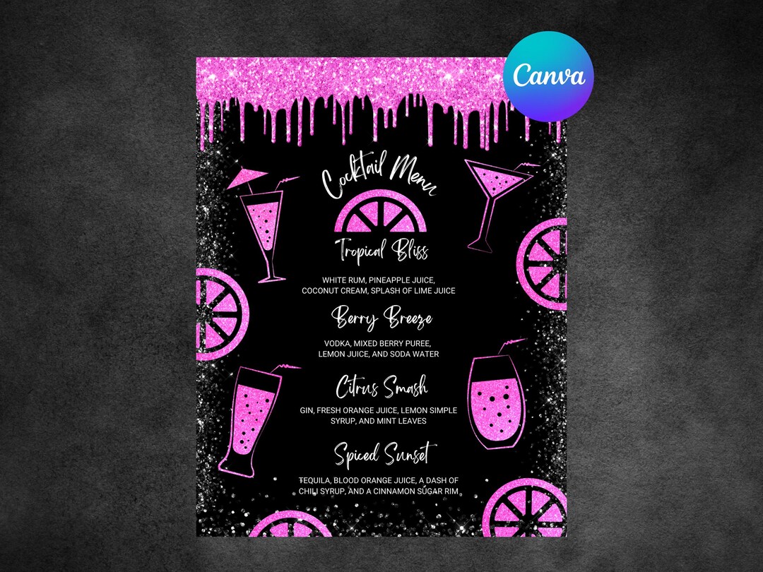 Editable Pink Glitter Cocktail Menu Template, Bartender Drinks Menu ...