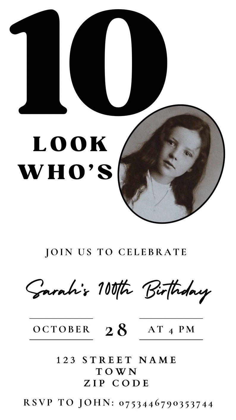 Photo Personalised 100th Birthday Party Invitation Template, Editable ...