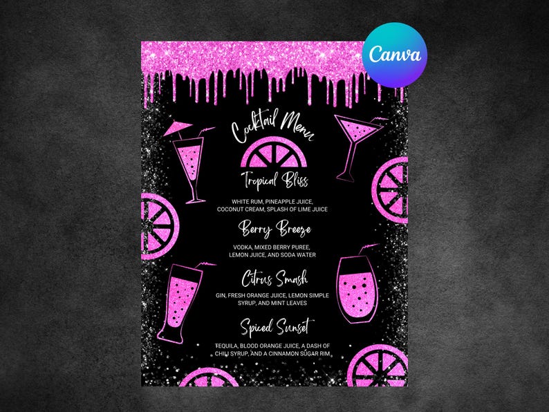 Editable Pink Glitter Cocktail Menu Template, Bartender Drinks Menu ...