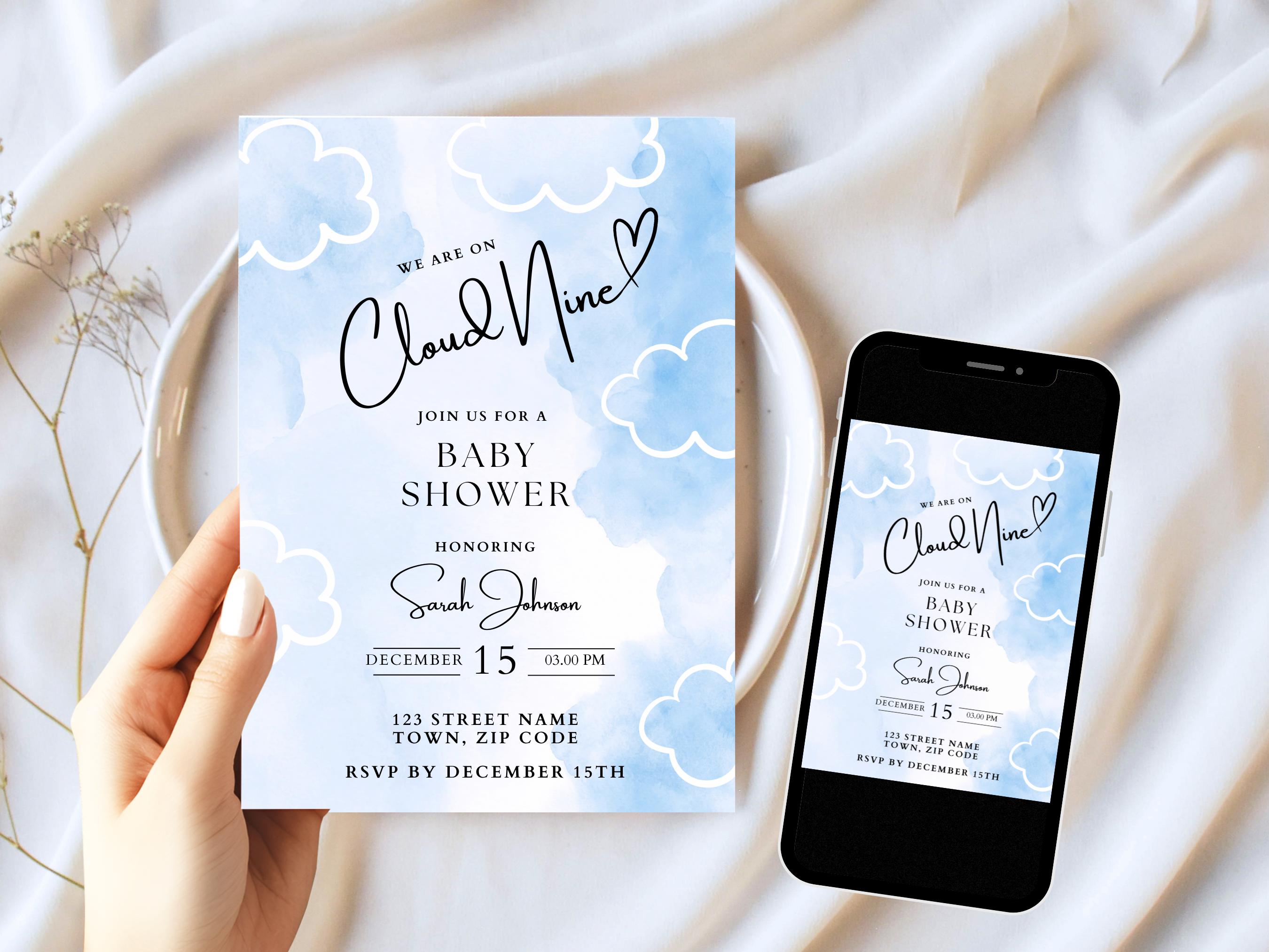 On Cloud Nine Baby Shower Invitation Template, Printable Blue Clouds ...