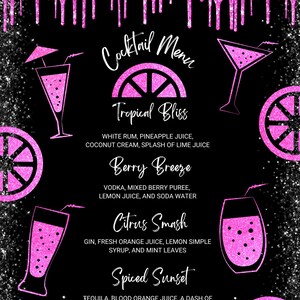 Editable Pink Glitter Cocktail Menu Template, Bartender Drinks Menu ...