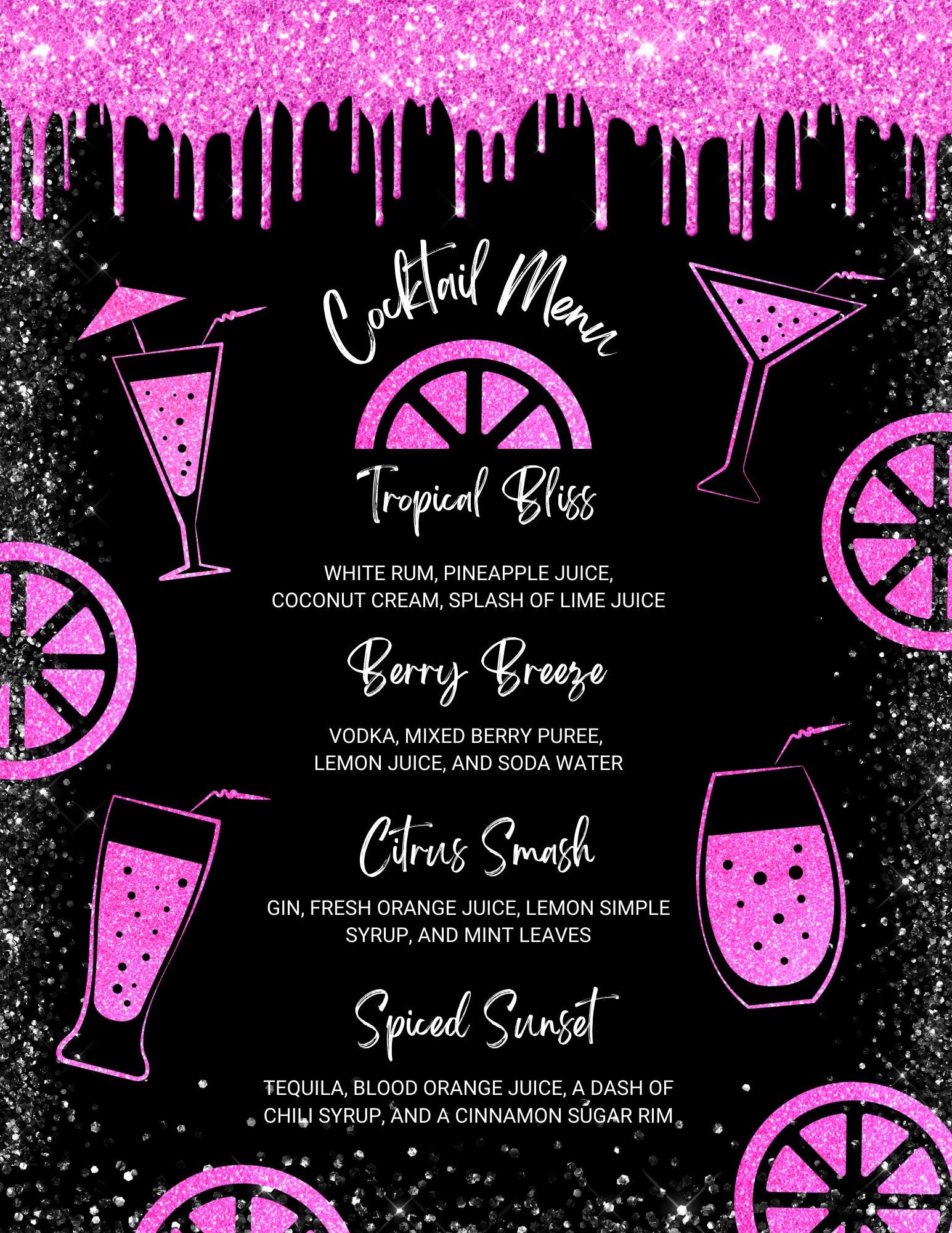 Editable Pink Glitter Cocktail Menu Template, Bartender Drinks Menu ...
