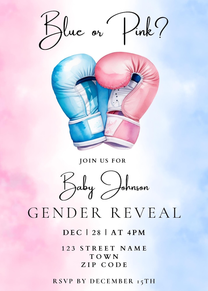 Knockout Boxing Gender Reveal Invitation Template, Blue and Pink MMA ...