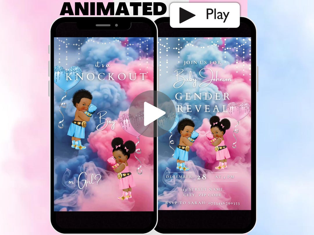 Animated Knockout Boxing Gender Reveal Invitation Template, Cute African American Babies Box ...