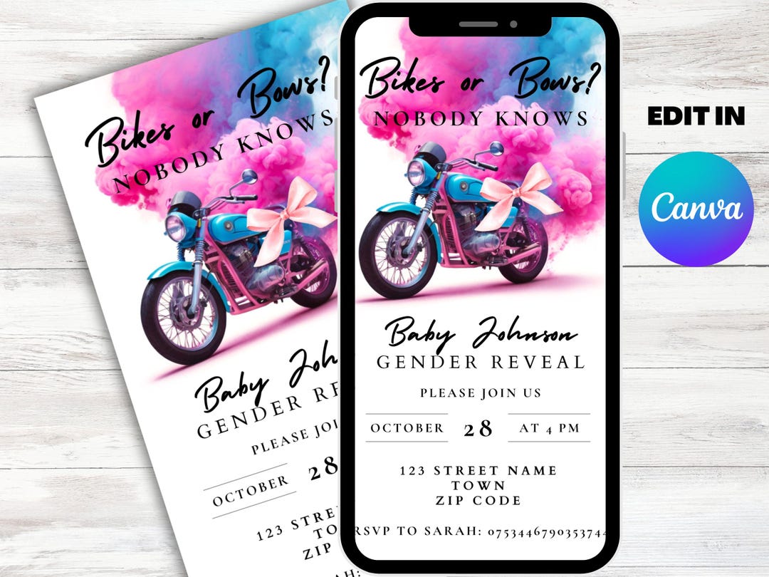 Digital Bikes or Bows Gender Reveal Invitation Template, Instant ...