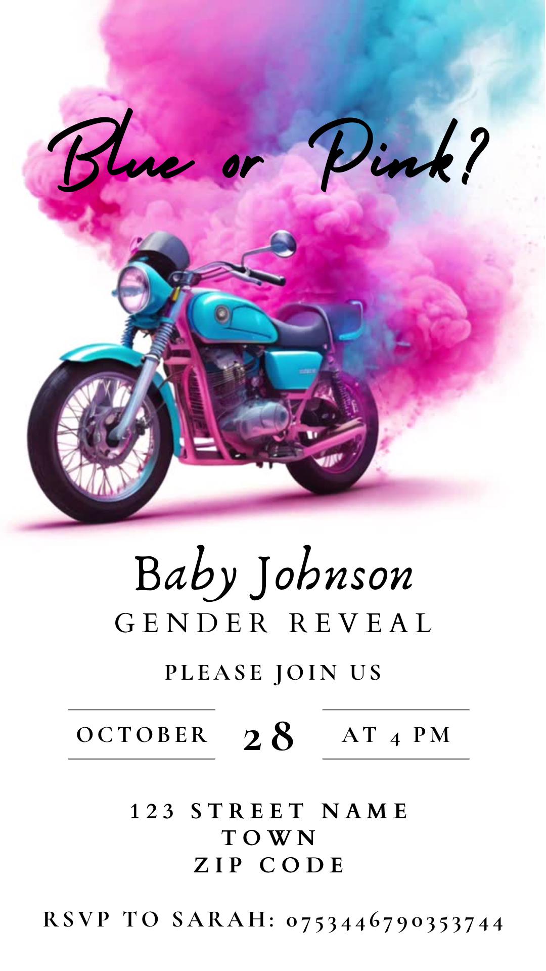 Animated Bike Themed Gender Reveal Invitation Template, Digital ...
