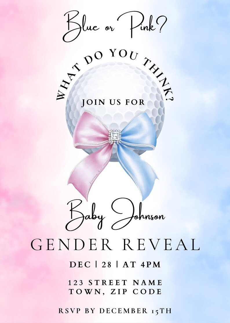 Golf Gender Reveal Invitation Template, Blue and Pink Golfing Par-tee ...