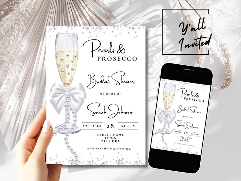 Editable Pearls and Prosecco Bridal Shower Invitation Template ...
