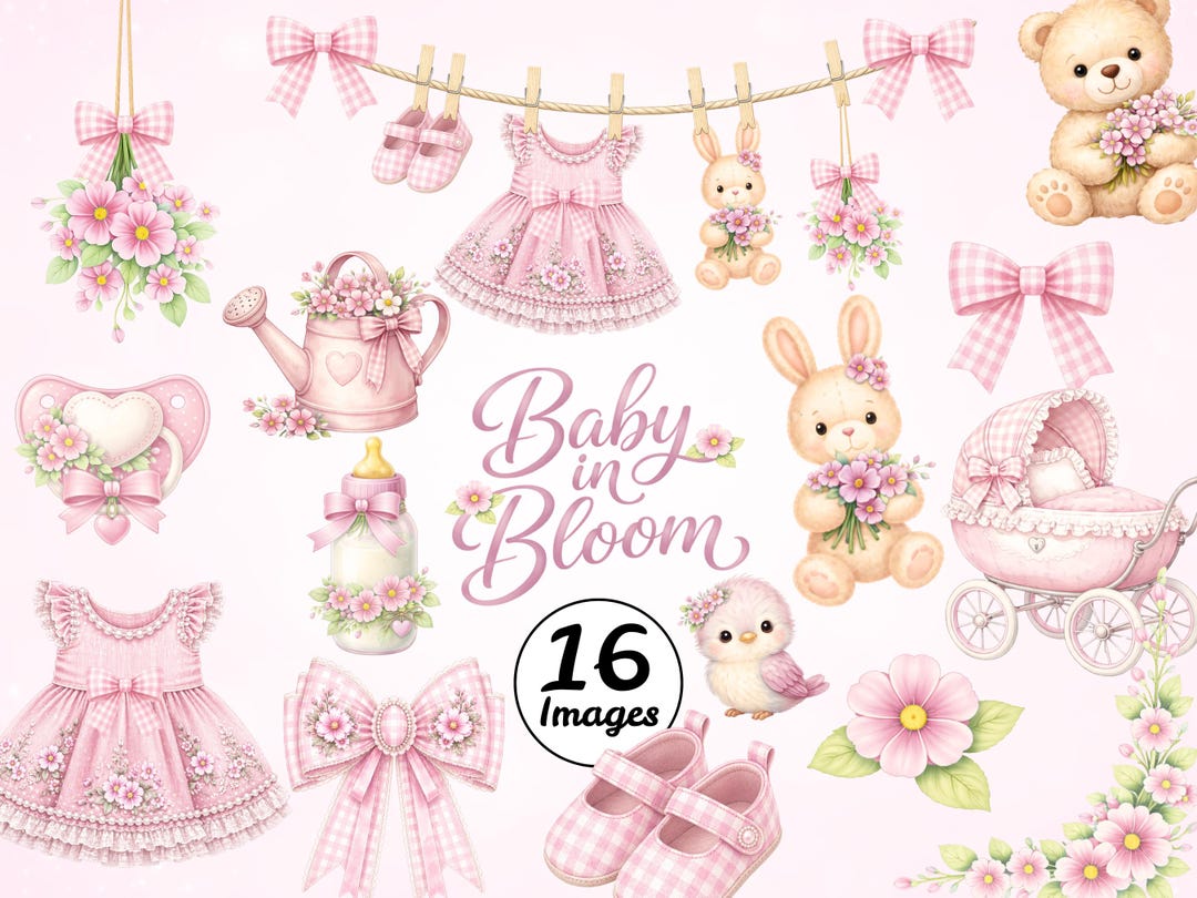 Baby in Bloom Clipart Bundle Set, Digital Printable Floral Baby Shower ...