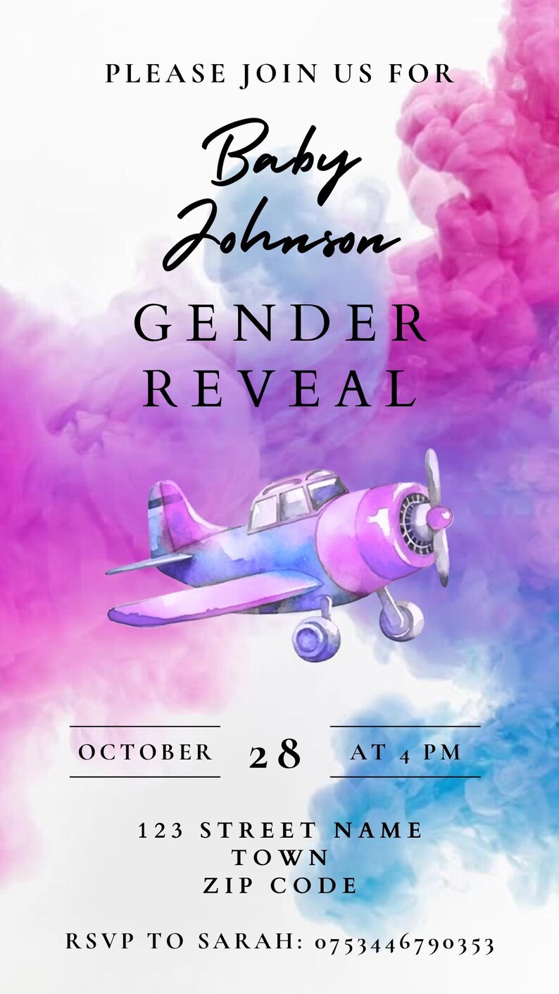 Animated Airplane Themed Gender Reveal Invitation Template, Aircraft ...