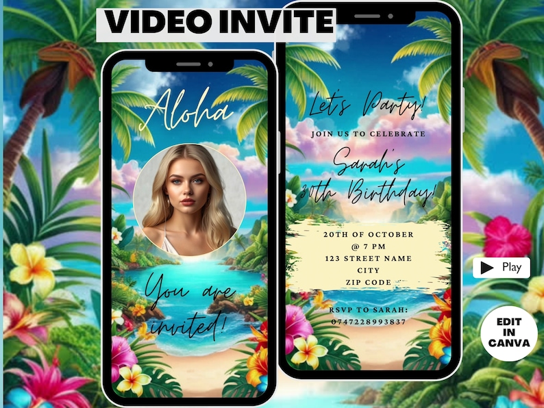 Animated Aloha Theme Birthday Party Invite Video, Tropical Hawaii Vibes ...