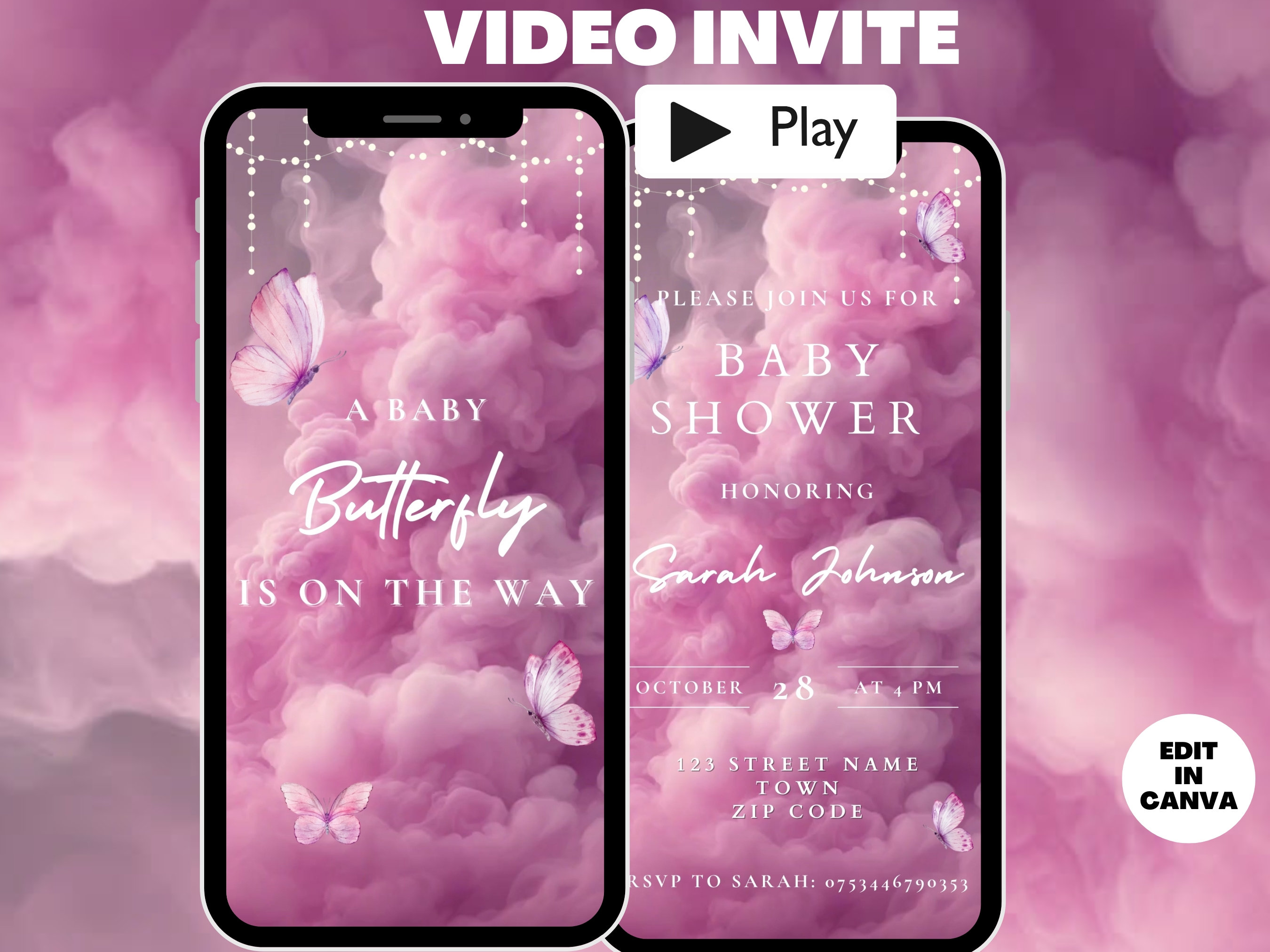 Animated Pink Butterfly Theme Baby Shower Invitation, Baby Girl Invite ...