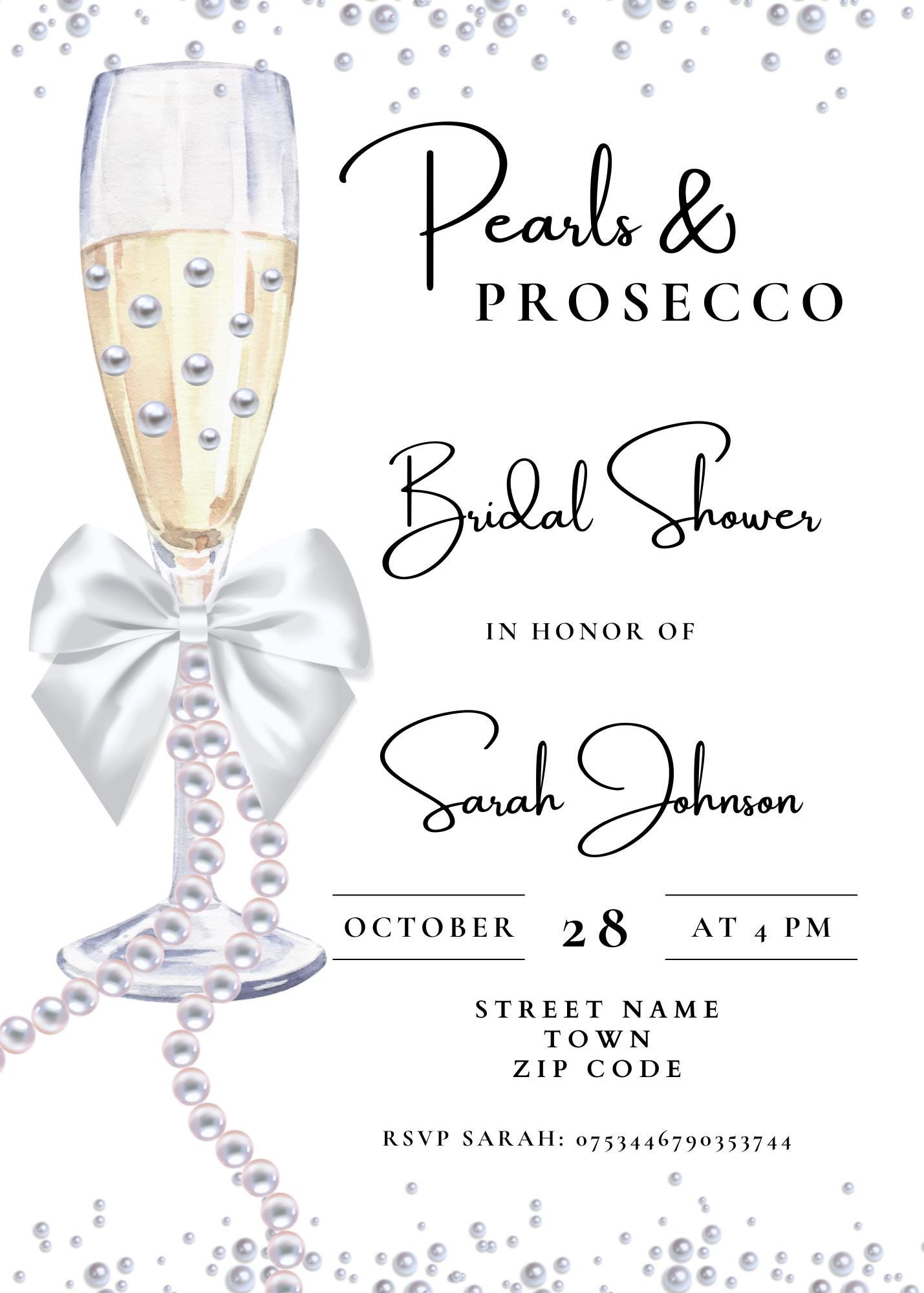 Editable Pearls and Prosecco Bridal Shower Invitation Template ...