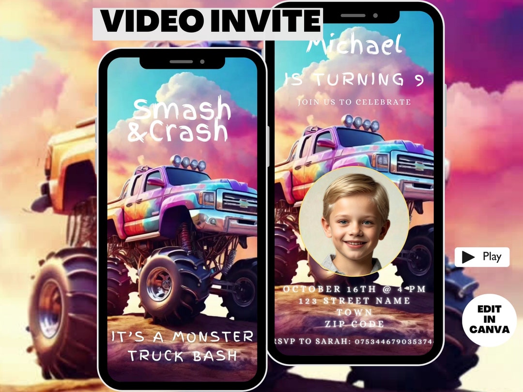 Animated Monster Truck Themed Birthday Party Invite Video, Custom Photo ...