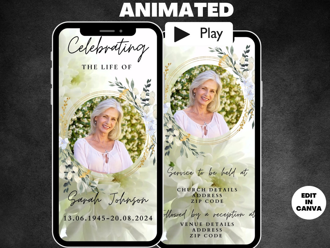 White Floral Animated Funeral Invitation, Celebration of Life ...