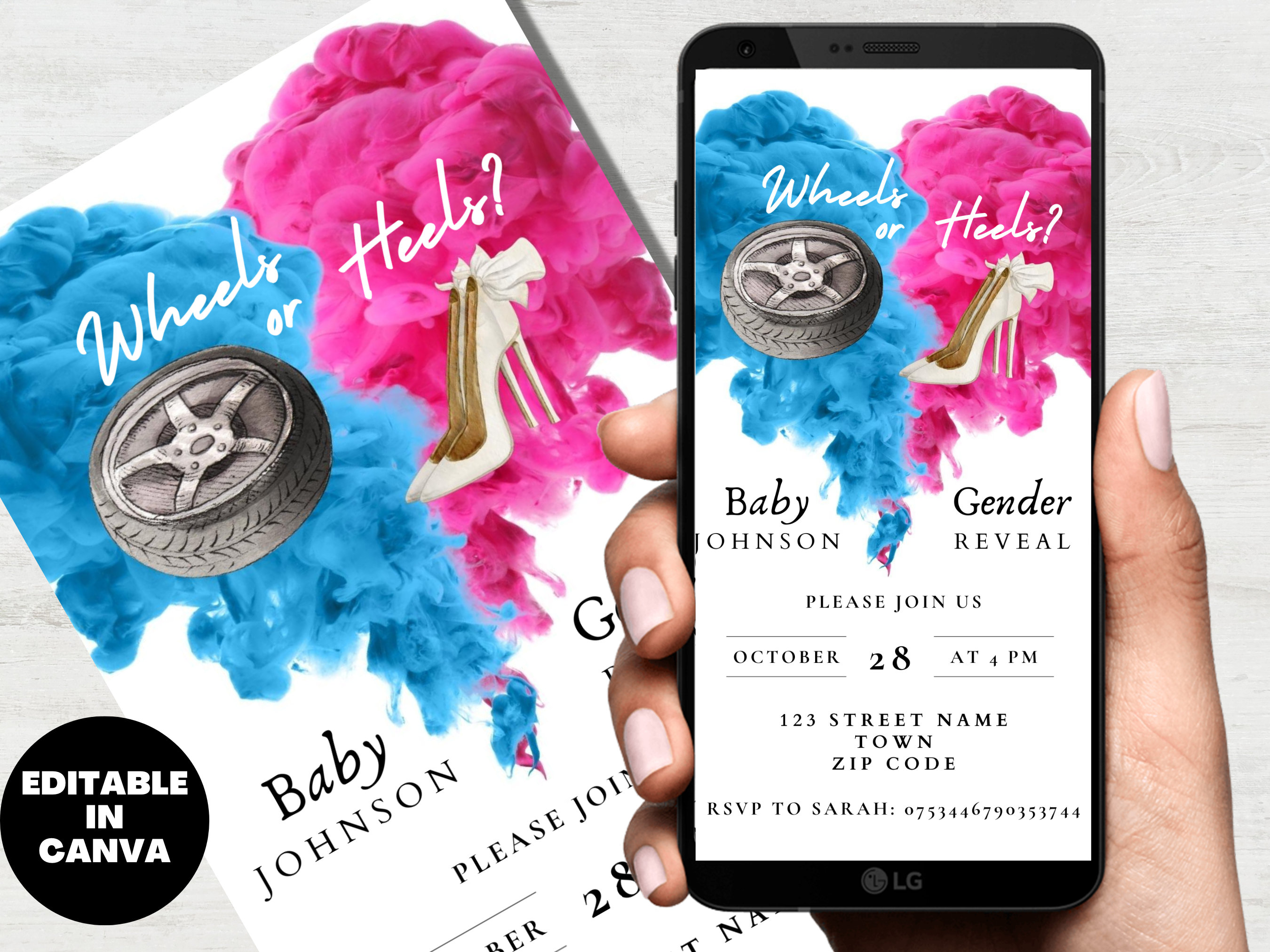 Wheels or Heels Gender Reveal Invitation Template Digital - Etsy
