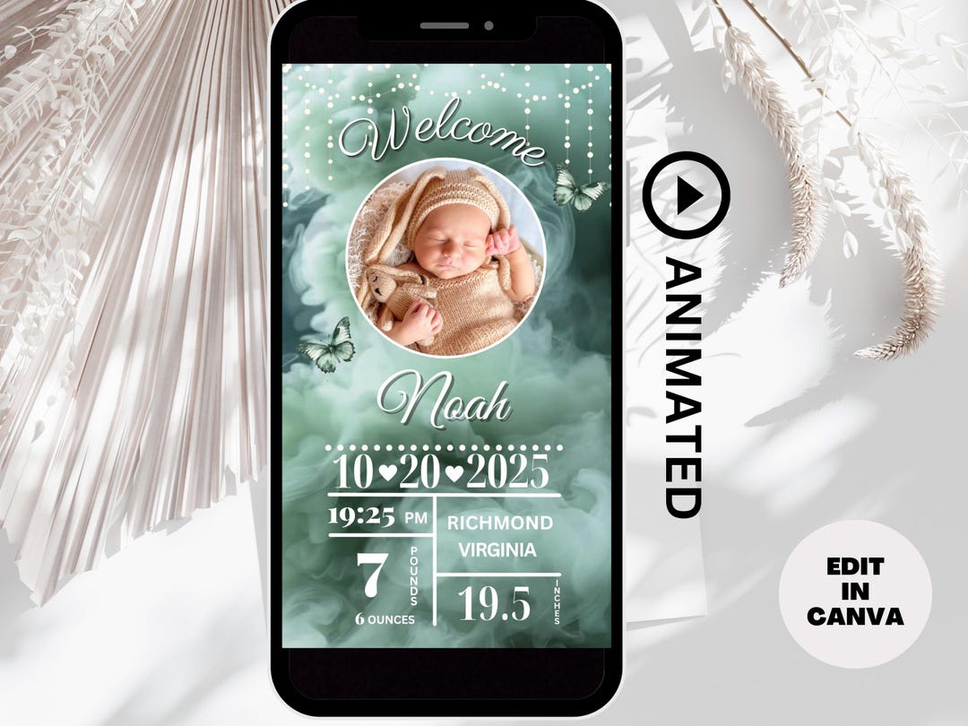 Sage Green Animated New Baby Announcement Video, Editable Social Media ...