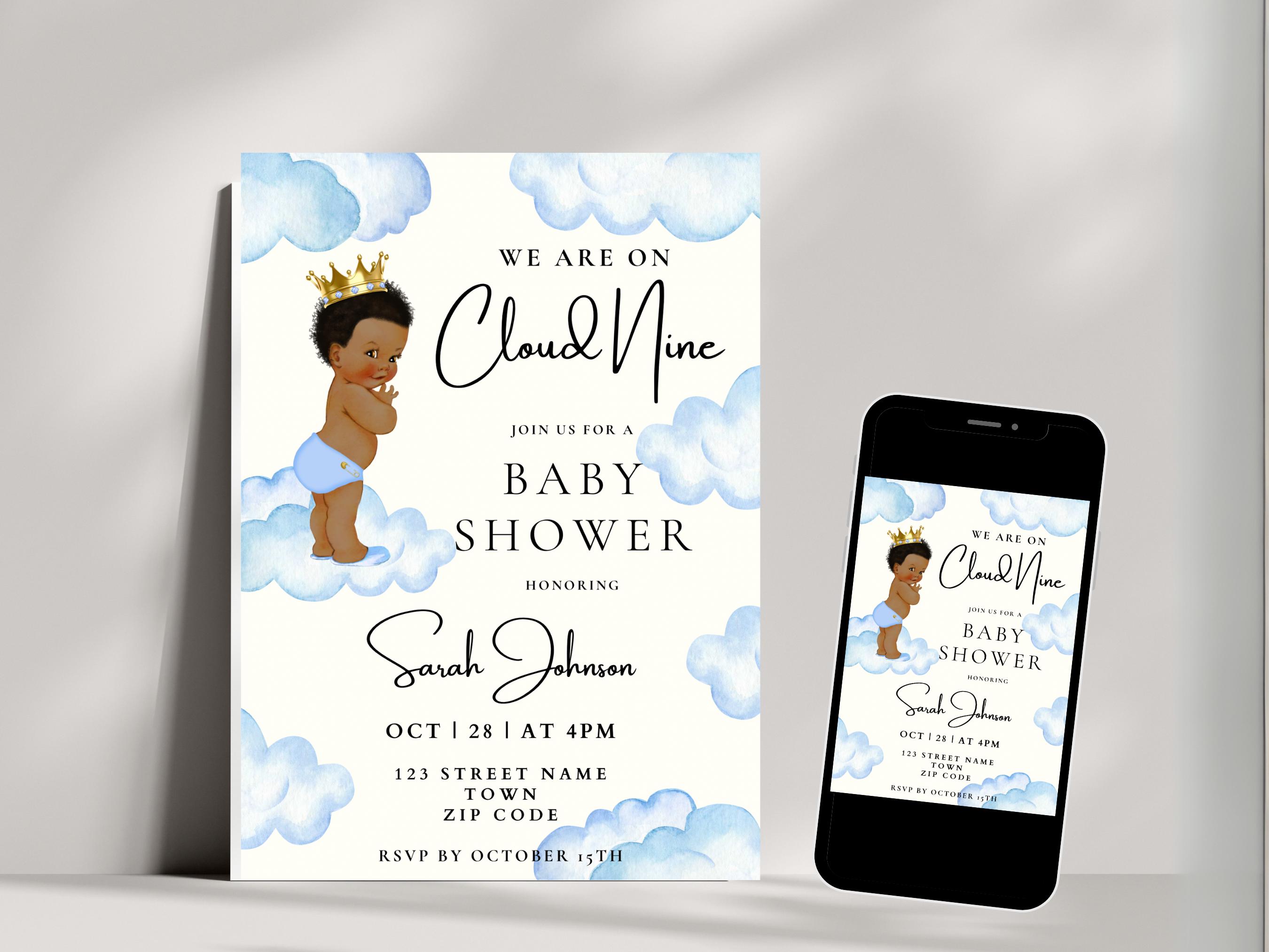 On Cloud Nine Baby Shower Invitation Template, Printable Blue Clouds ...