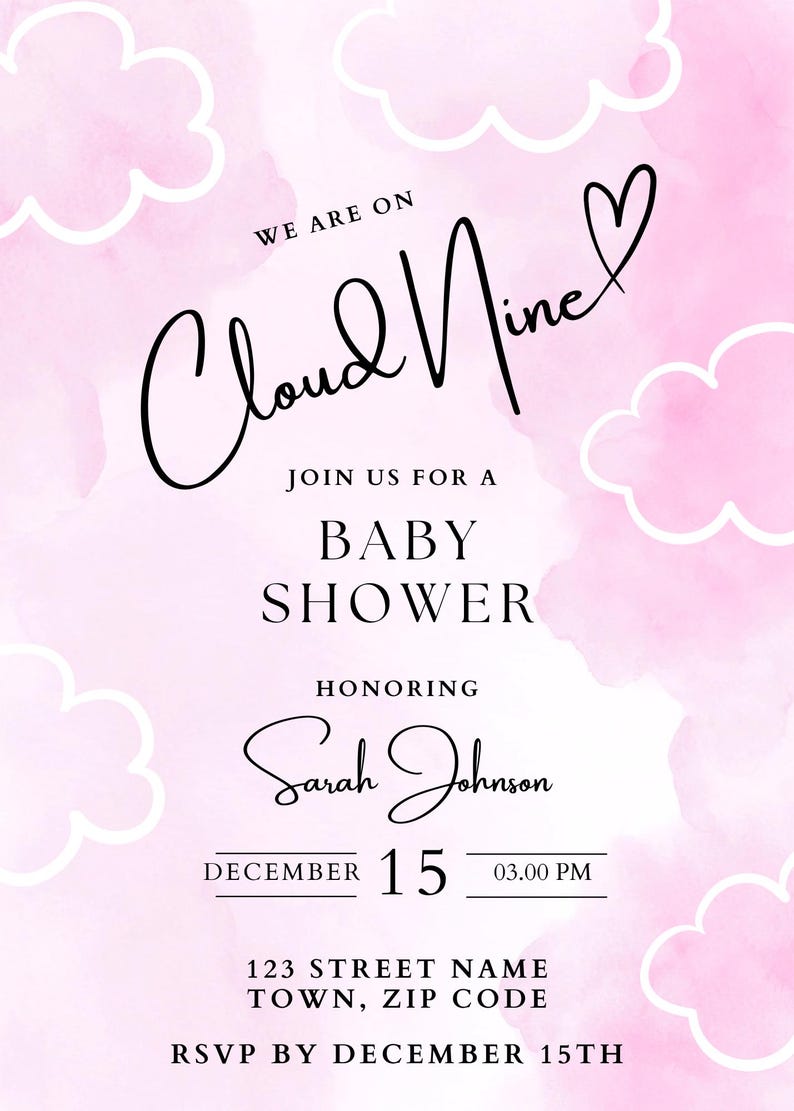 Cloud Nine Baby Shower Invitation Template, Printable Pink Clouds Girl ...