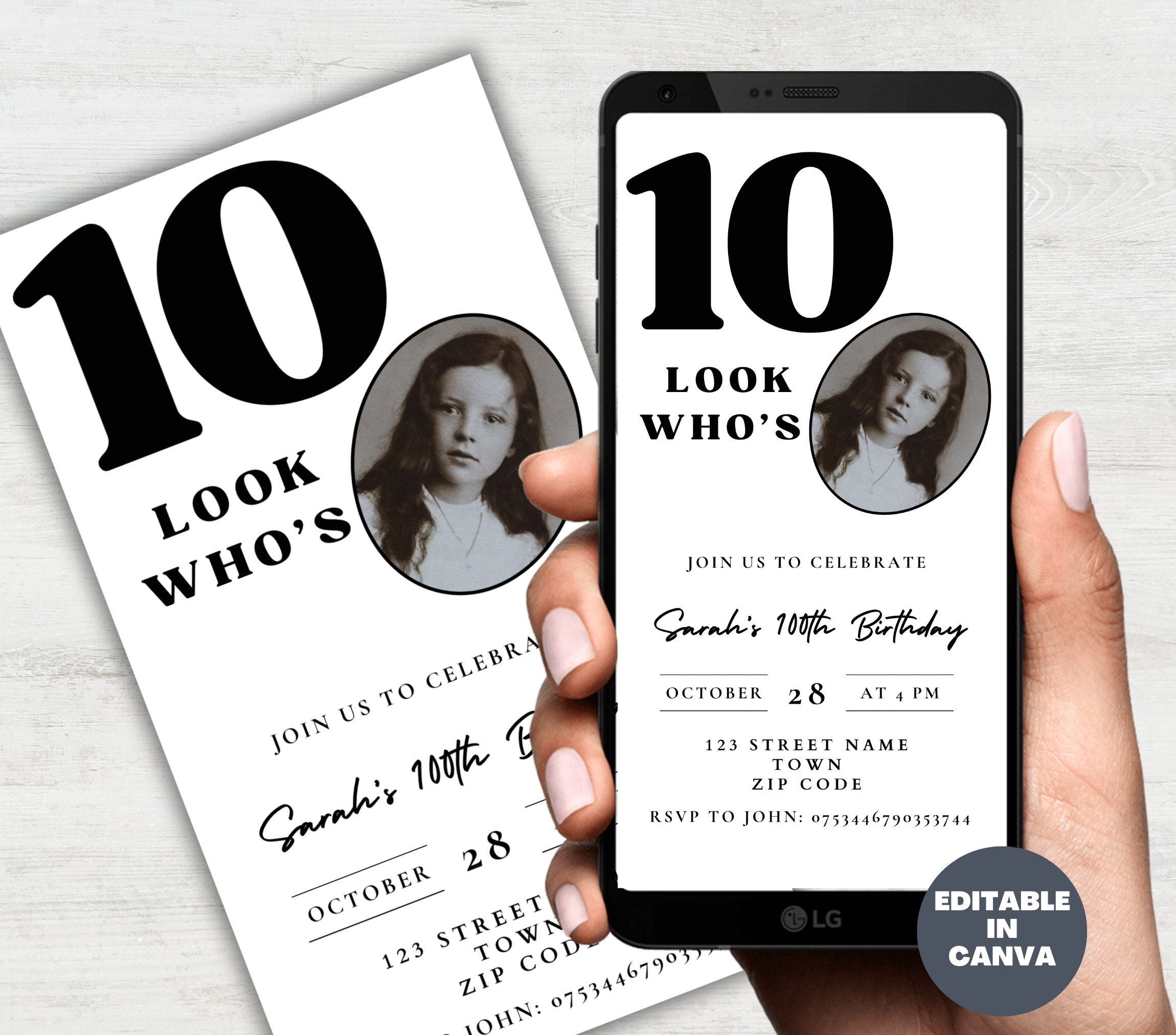 Photo Personalised 100th Birthday Party Invitation Template, Editable ...