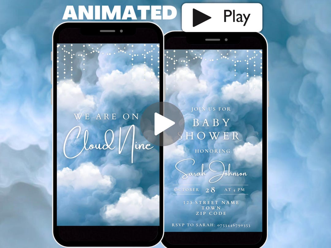 On Cloud Nine Baby Shower Invitation Video Template, Animated Blue ...
