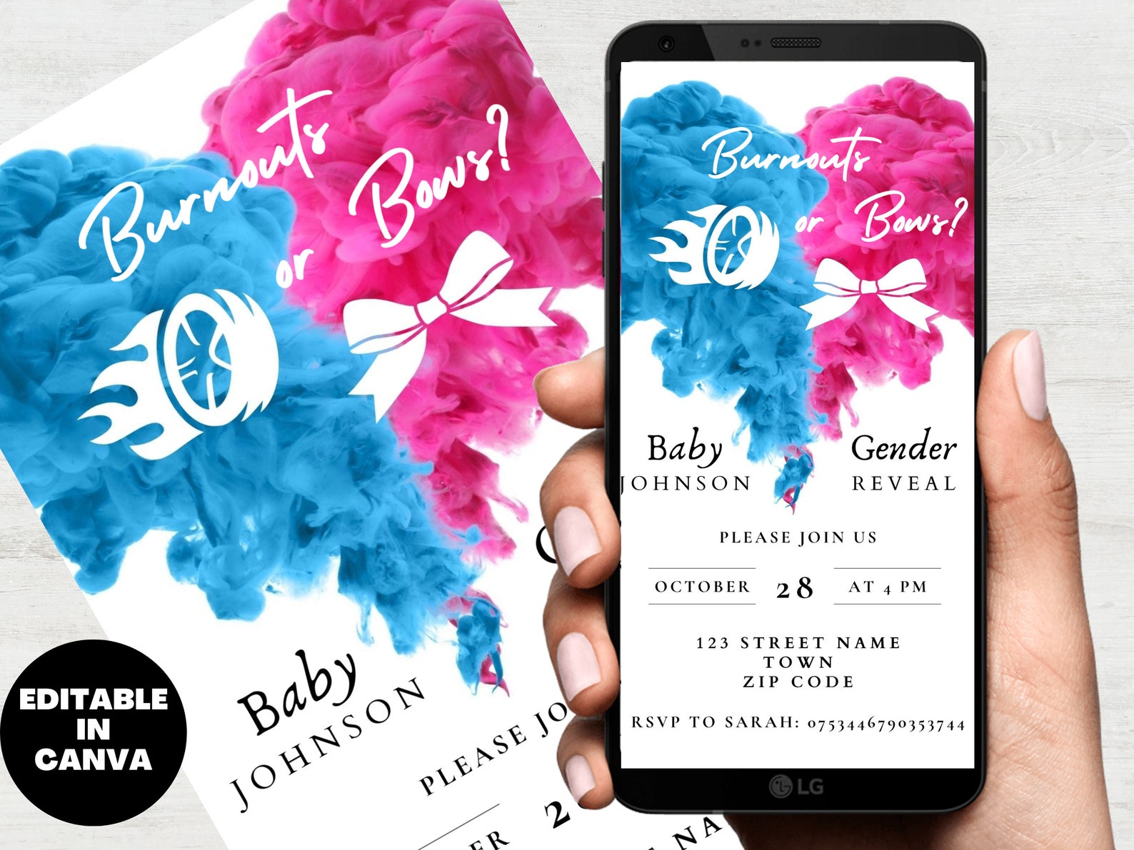 Burnouts or Bows Gender Reveal Invitation Template, Digital Download ...
