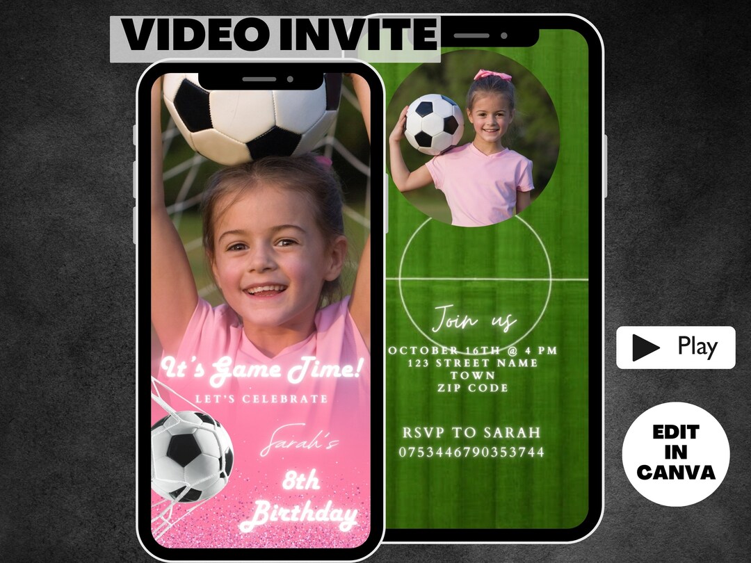Animated Pink Girls Soccer Birthday Invitation Template Digital Download Birthday Party