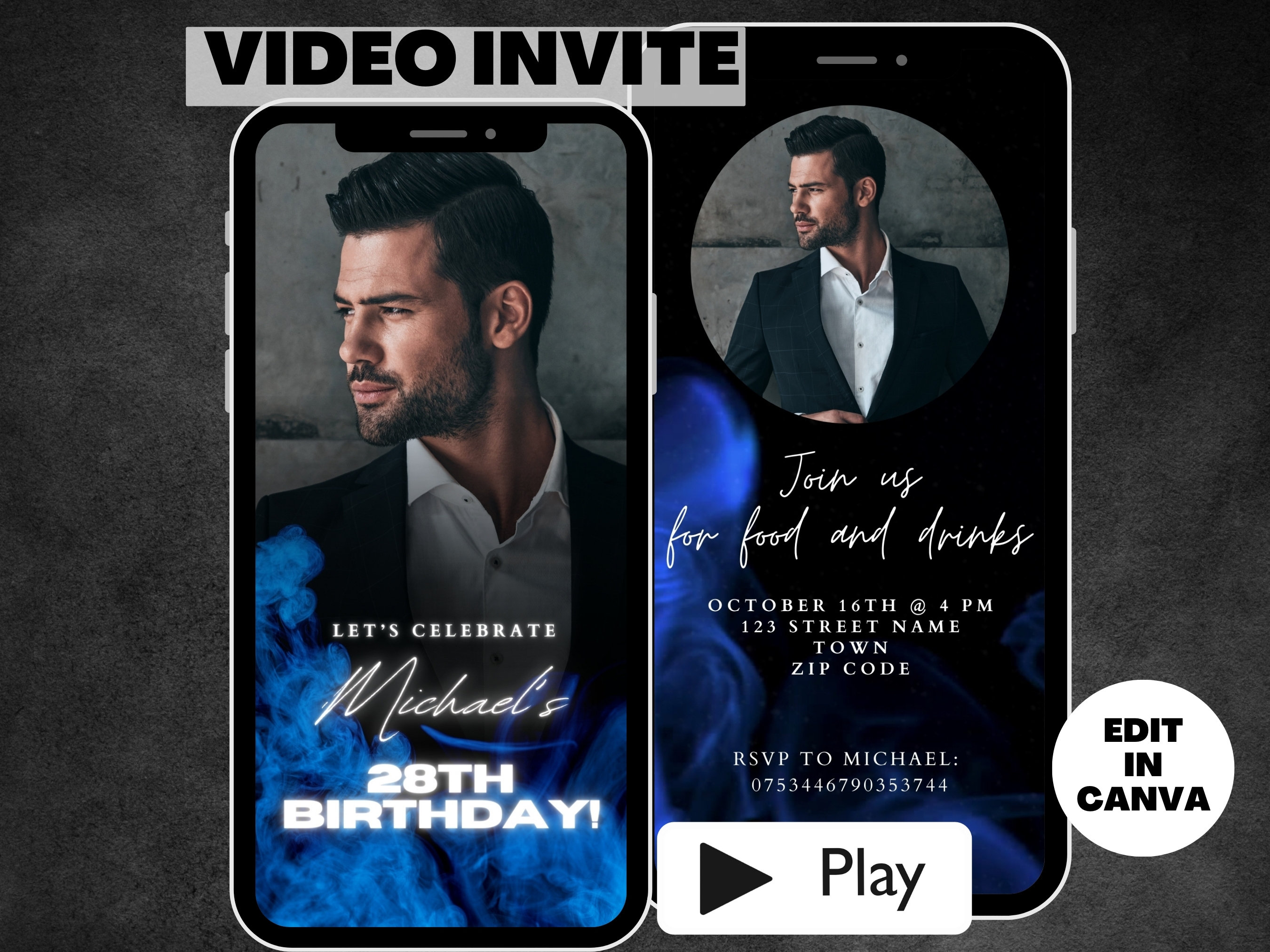 Mens Birthday Invitation Video, Digital Download Template, Blue Smoke ...