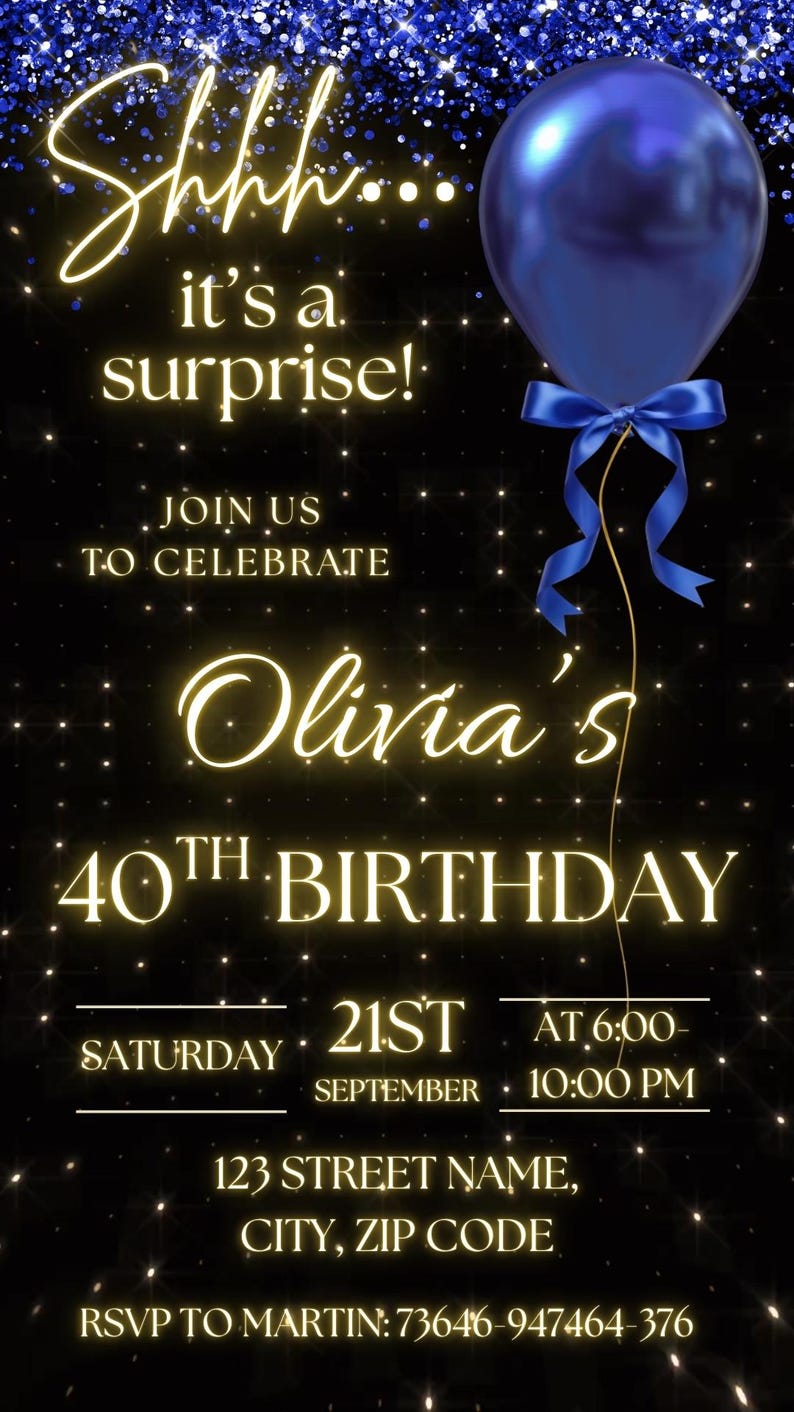 Digital Surprise Birthday Party Invitation, Animated Elegant Navy ...