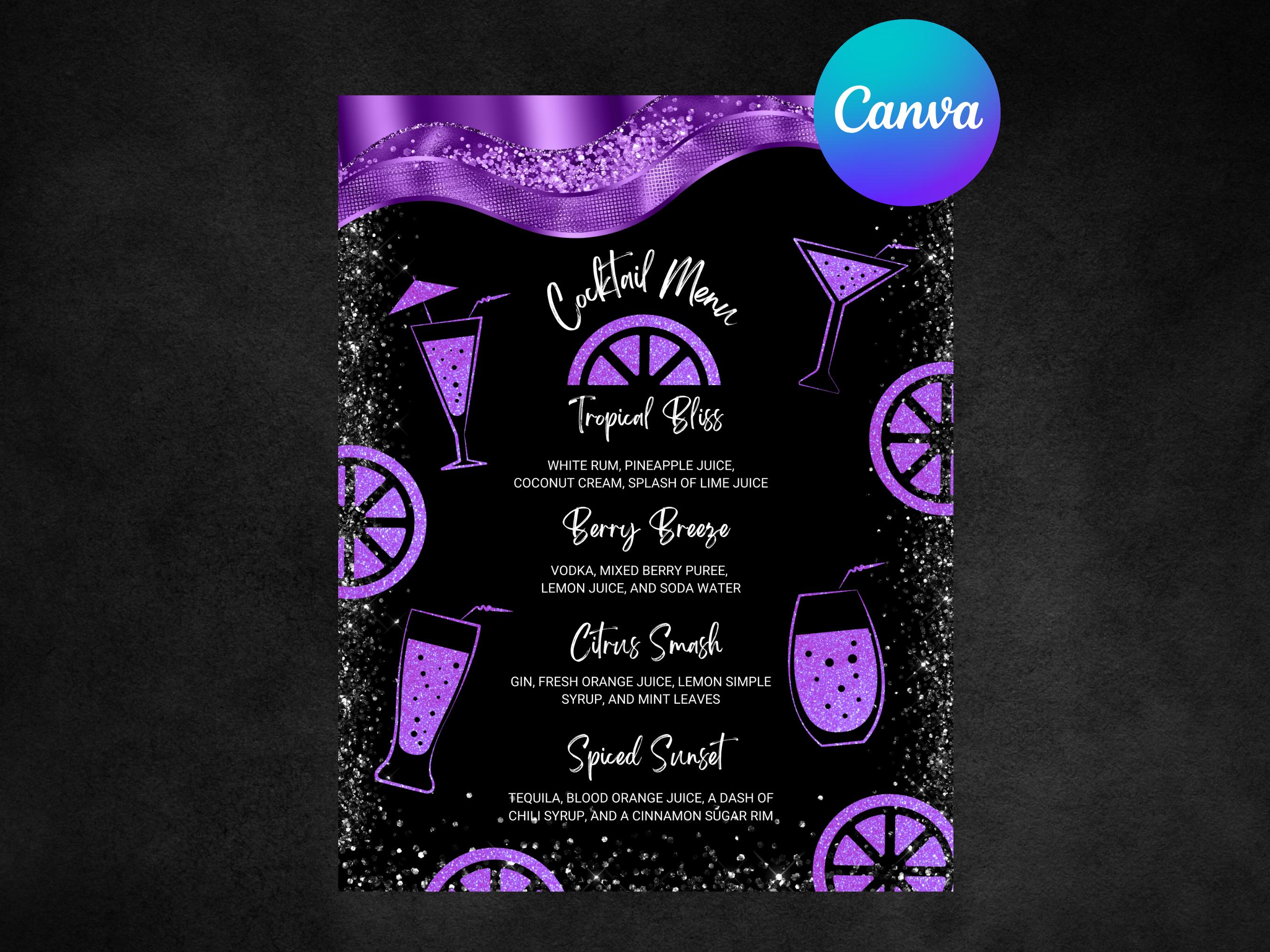 Editable Cocktail Menu, Bartender Drinks Menu Template, Purple Glitter ...