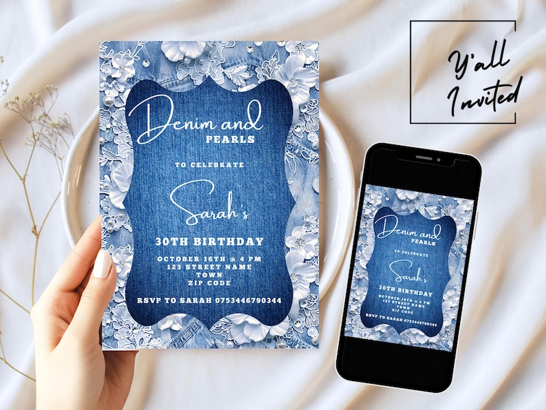Editable Denim Invitation Template, Denim and Pearls Printable Birthday ...