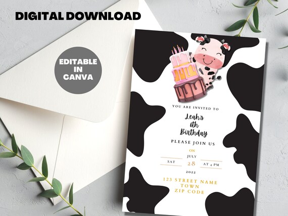 Cow Theme Birthday Invitation Printable Cow Print Cowboy - Etsy