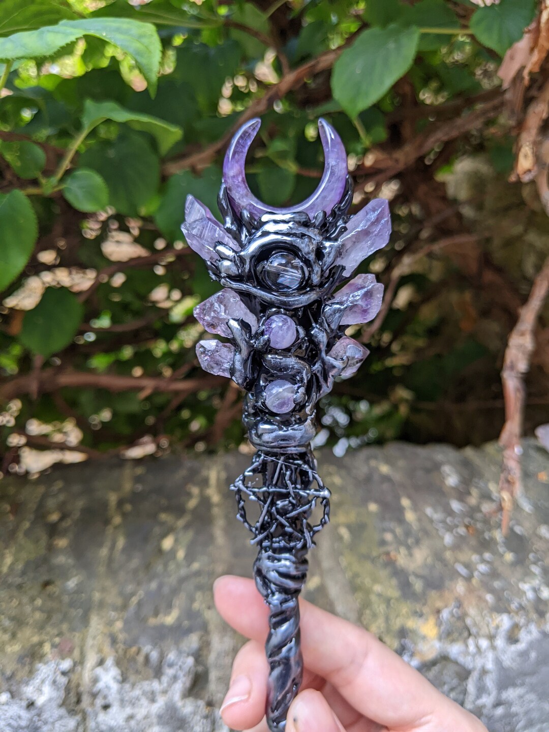 Amethyst Moon Wand, Handmade Wand, Amethyst Wand, Witch Wand, Crystal ...