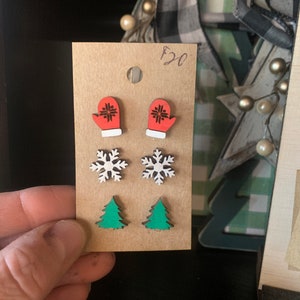 Wooden Christmas Earrings, Christmas Studs Christmas Dangles, Santa ...