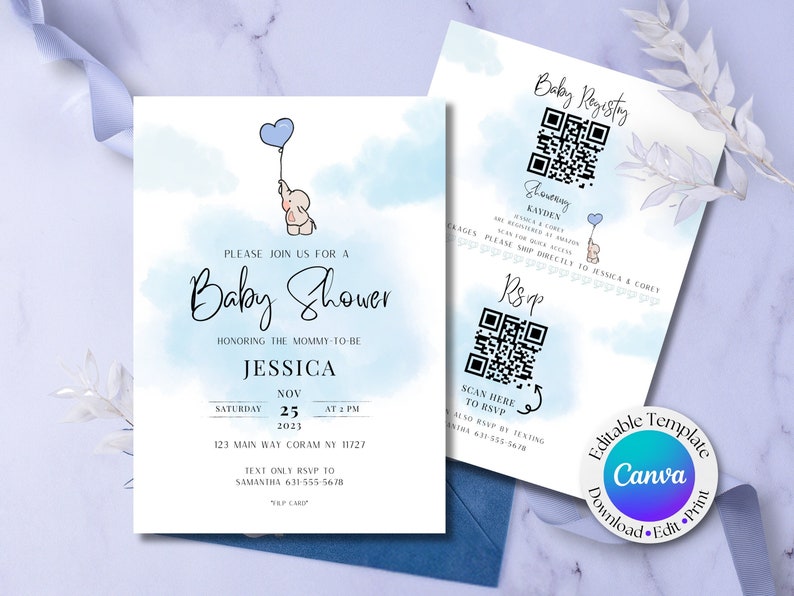 Editable Blue Elephant Baby Shower Invitation With QR Codes, Cloud Baby ...