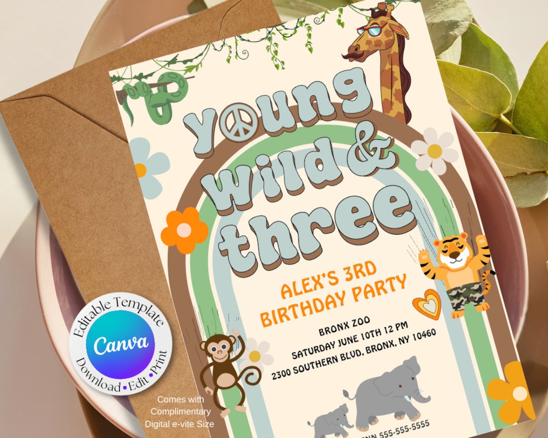 Groovy Zoo Jungle 3rd Birthday Party Invitation, Editable Young,wild ...